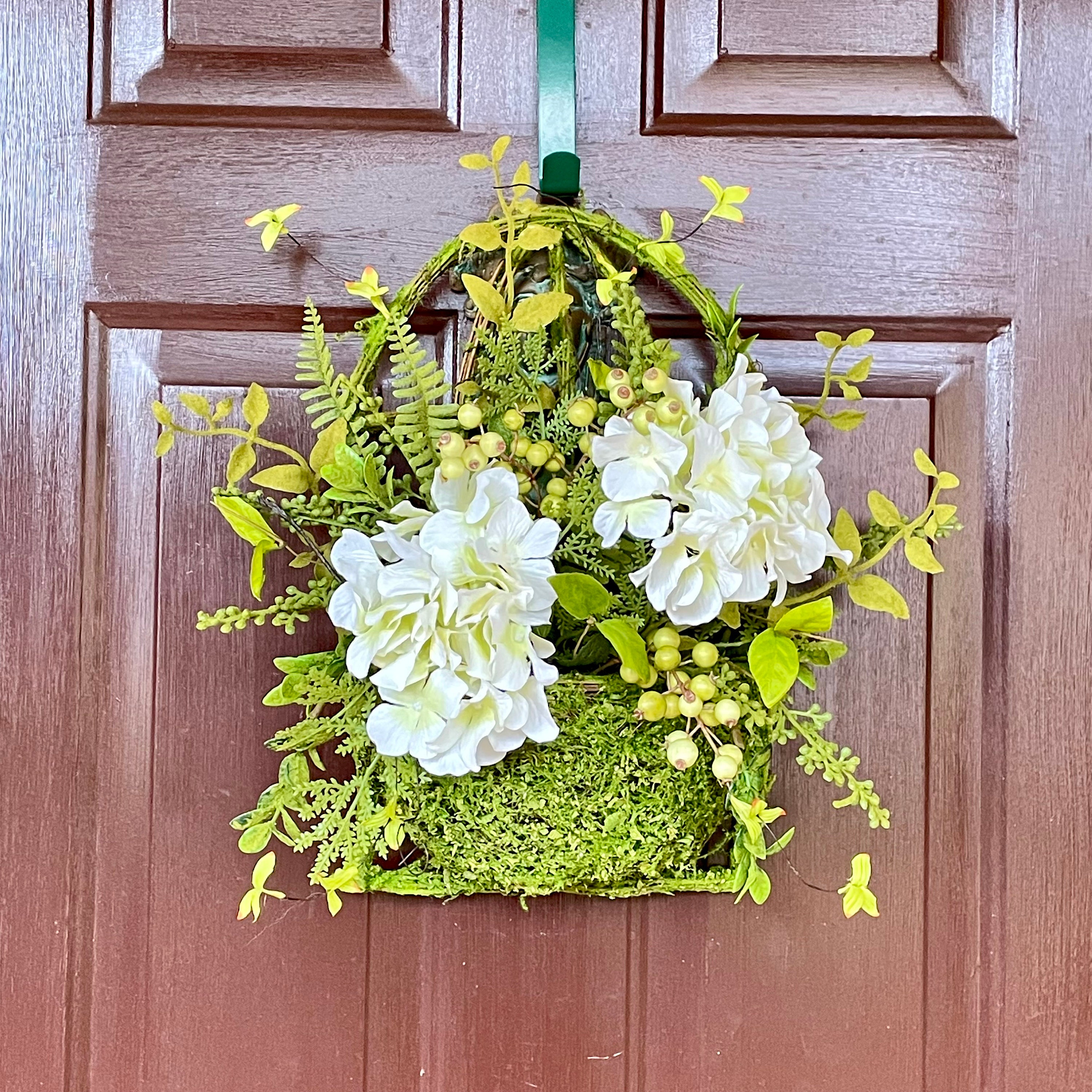 Hanging Door Basket With Hydrangeas, Moss Basket Wreath for Front Door ...