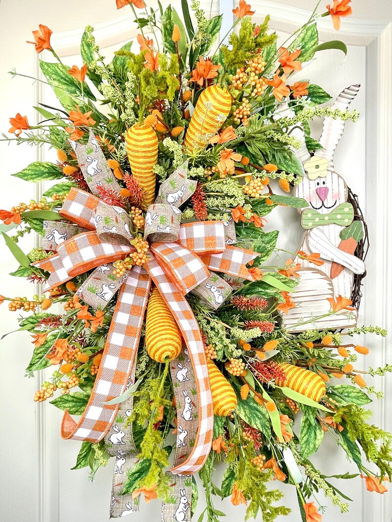 Easter Wreath for Front Door With Bunny and Carrots, Outdoor Easter ...