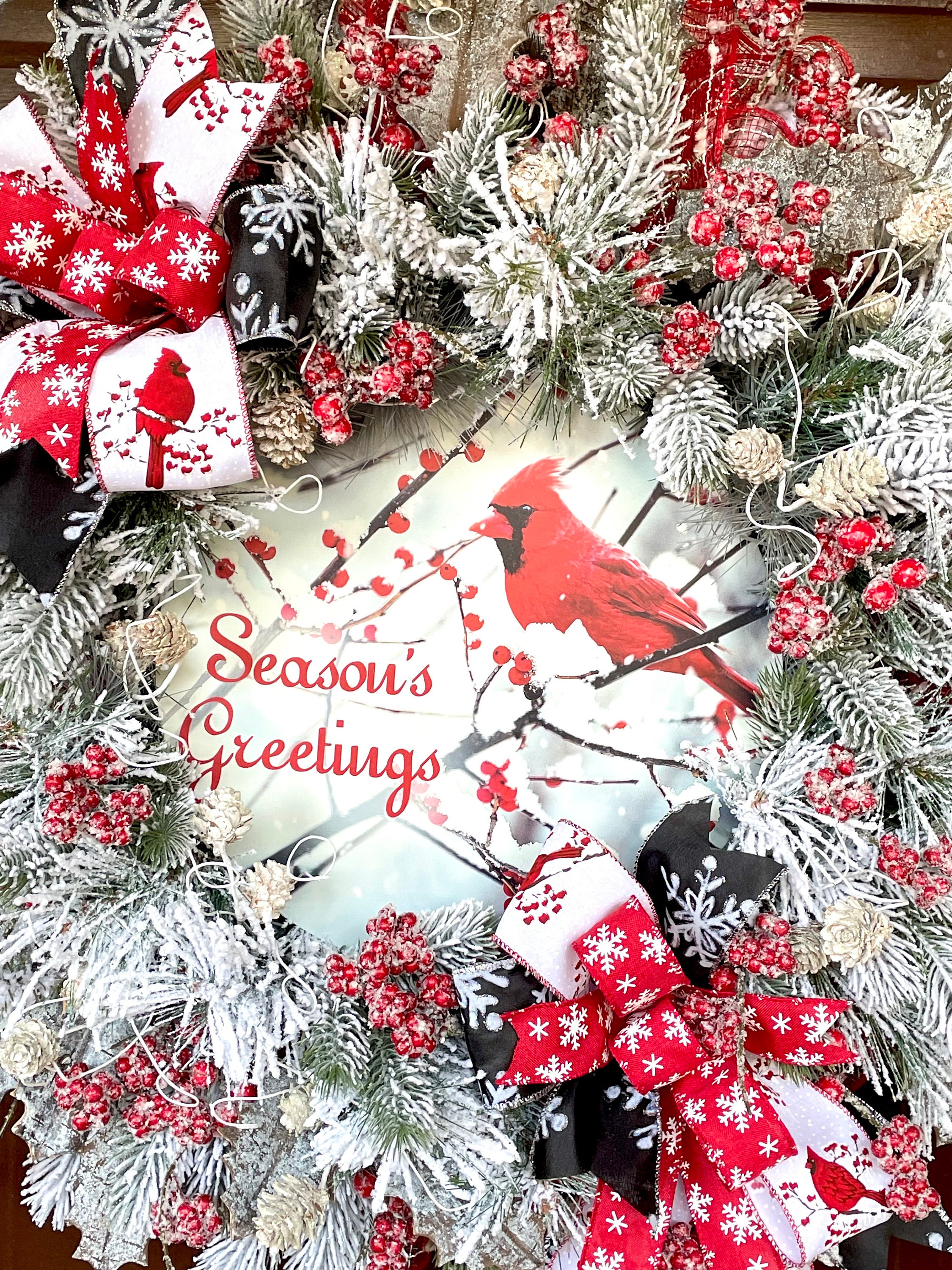 Christmas Cardinal Wreath for Front Door, Seasons Greetings Evergreen ...