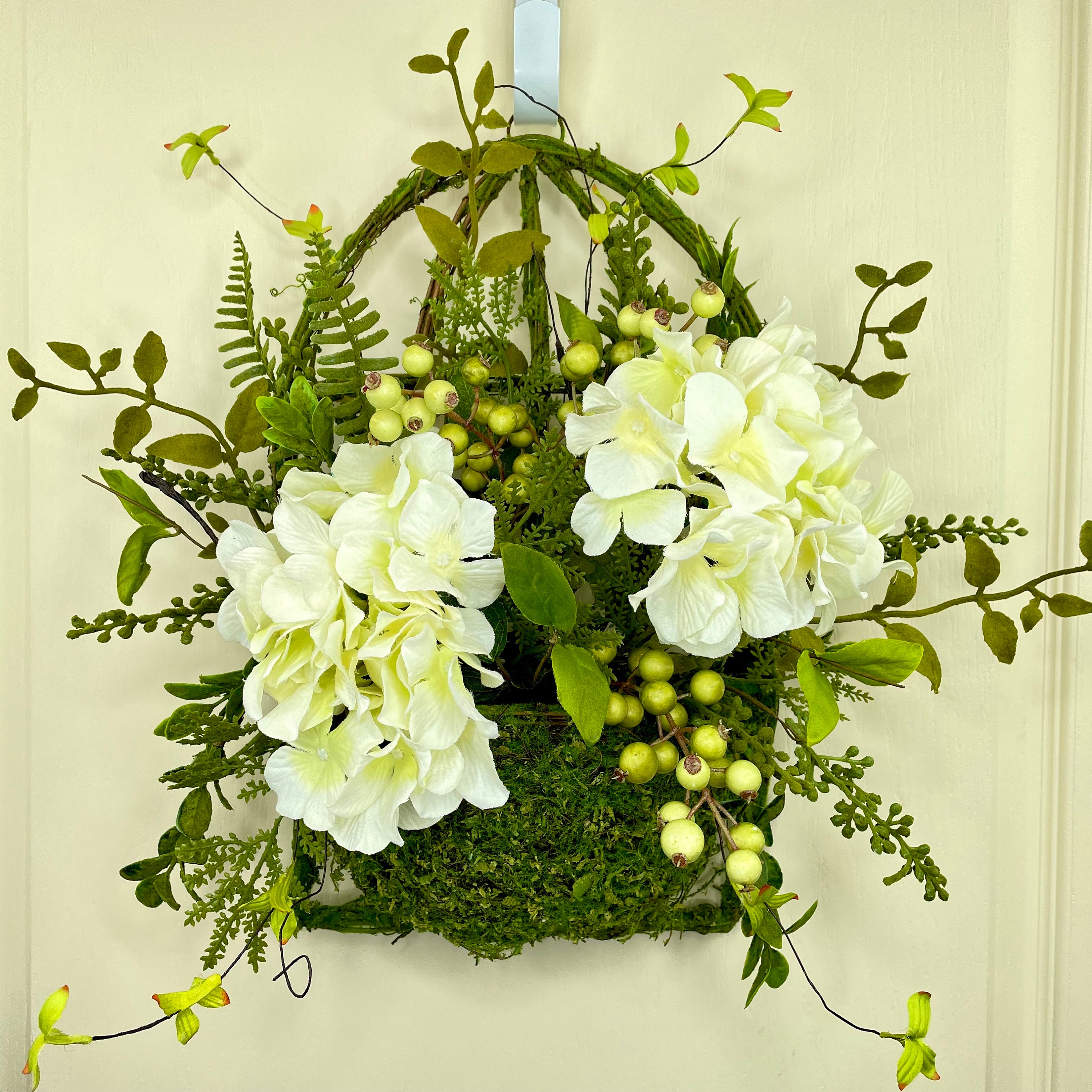 Hanging Door Basket With Hydrangeas, Moss Basket Wreath for Front Door ...