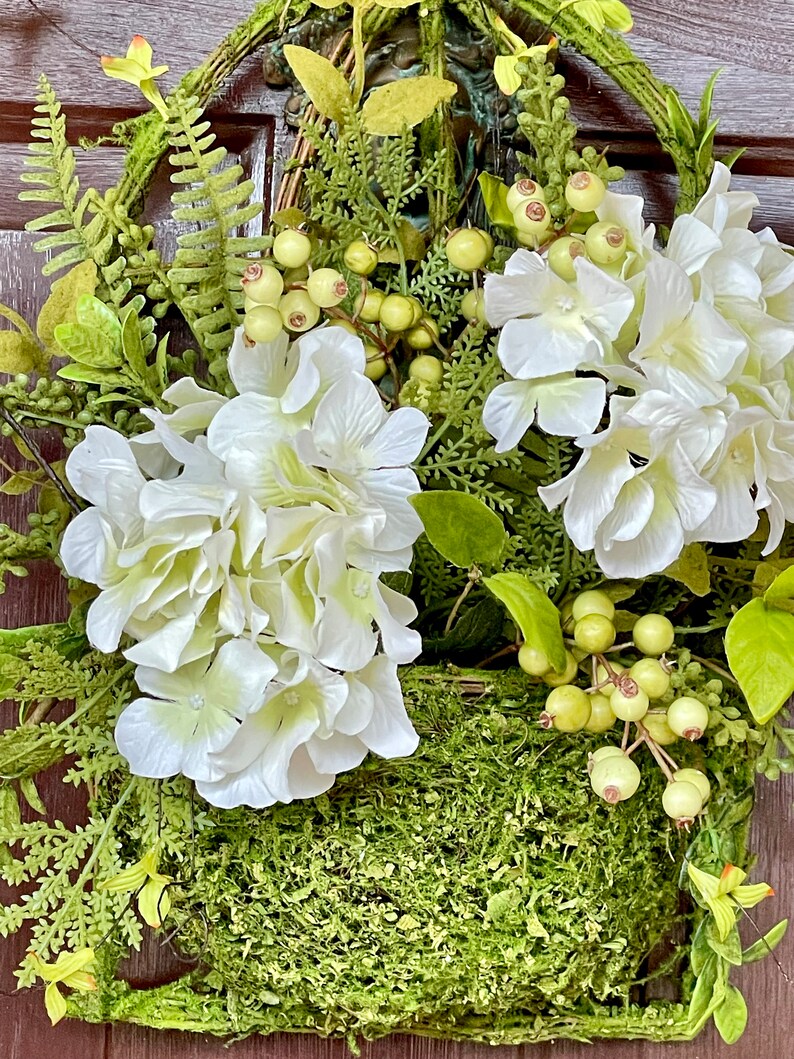 Hanging Door Basket With Hydrangeas, Moss Basket Wreath for Front Door ...