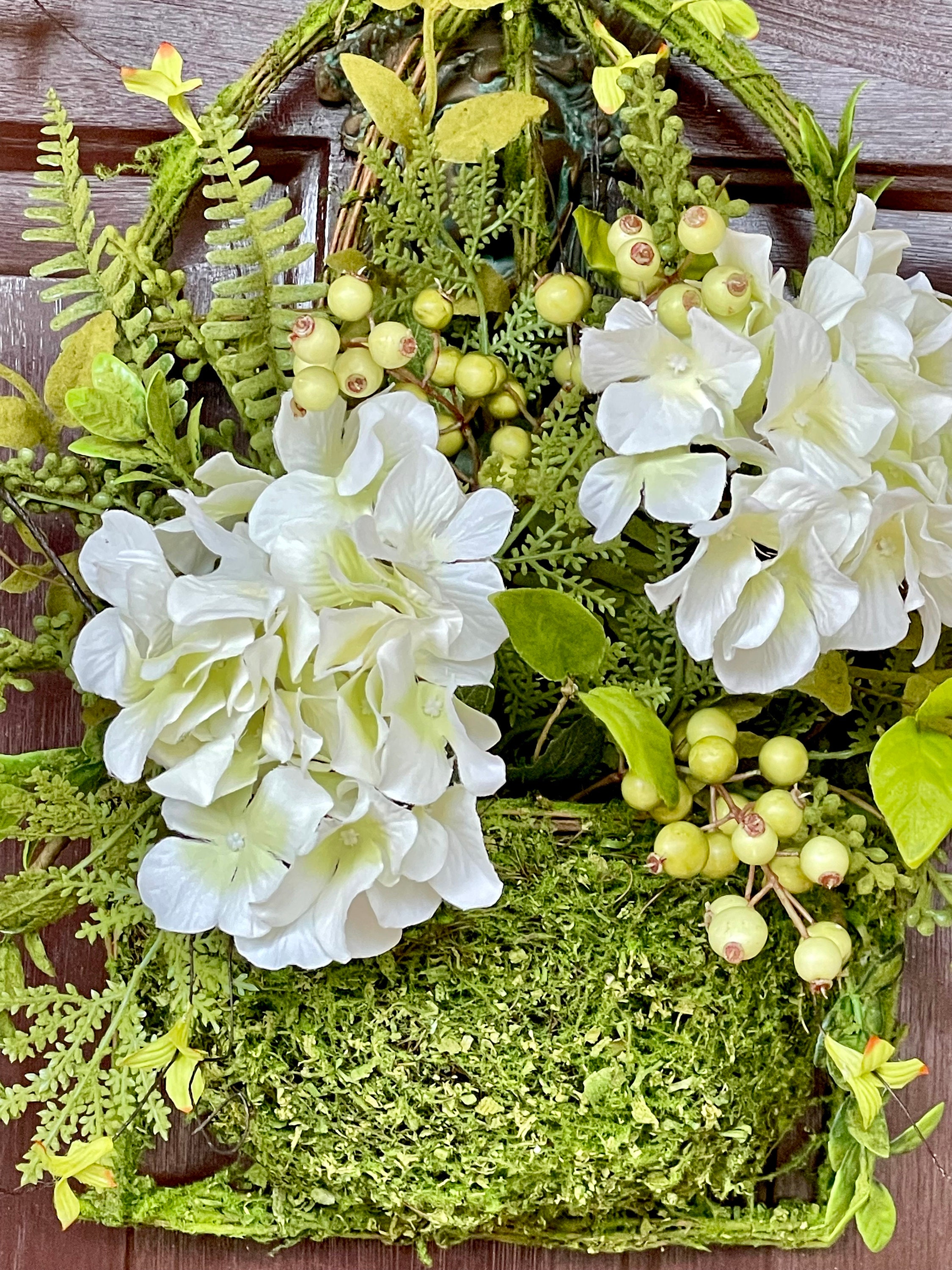 Hanging Door Basket With Hydrangeas, Moss Basket Wreath for Front Door ...