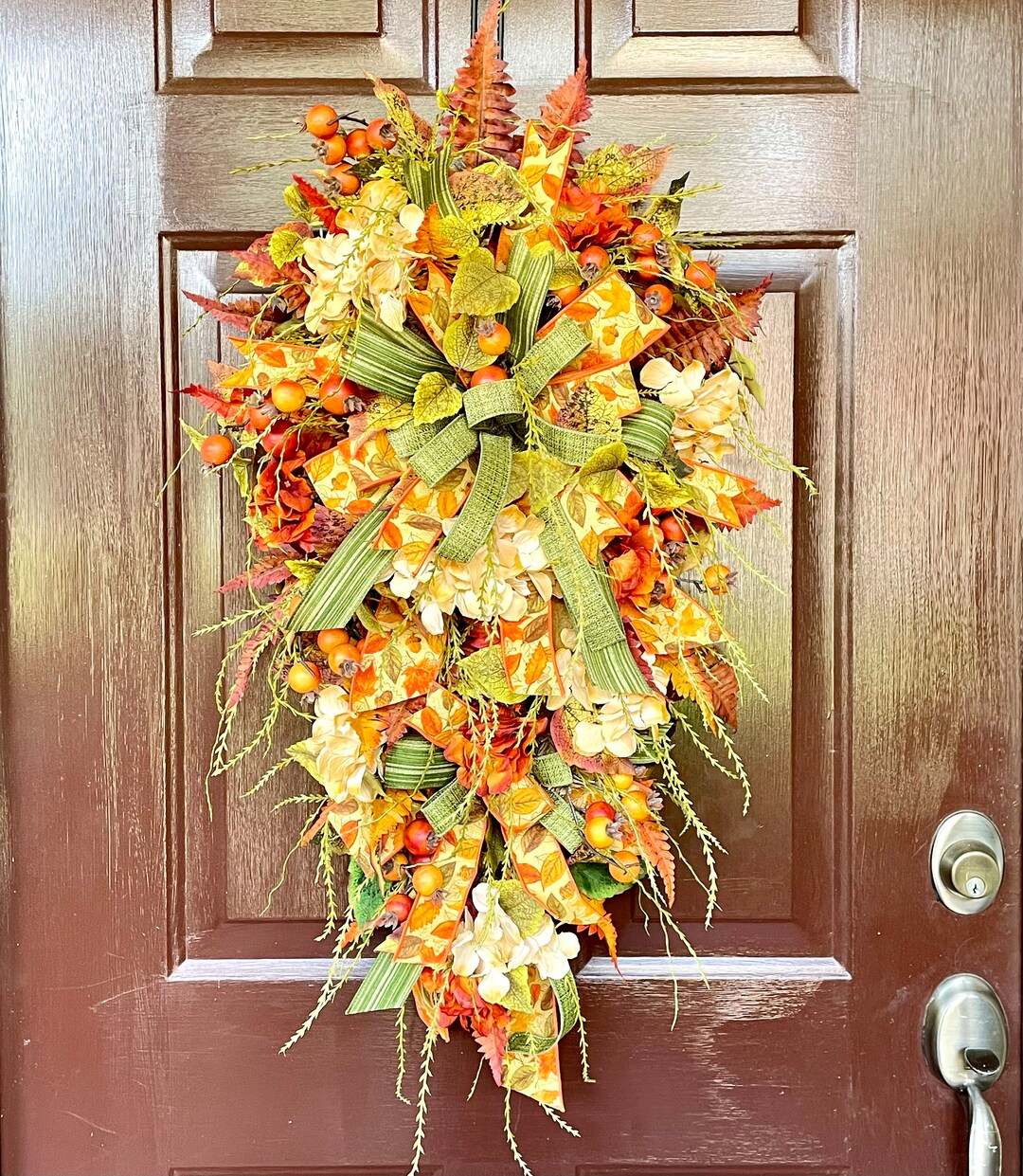 Fall Swag for Front Door With Hydrangeas, Fall Leaves Teardrop Swag ...