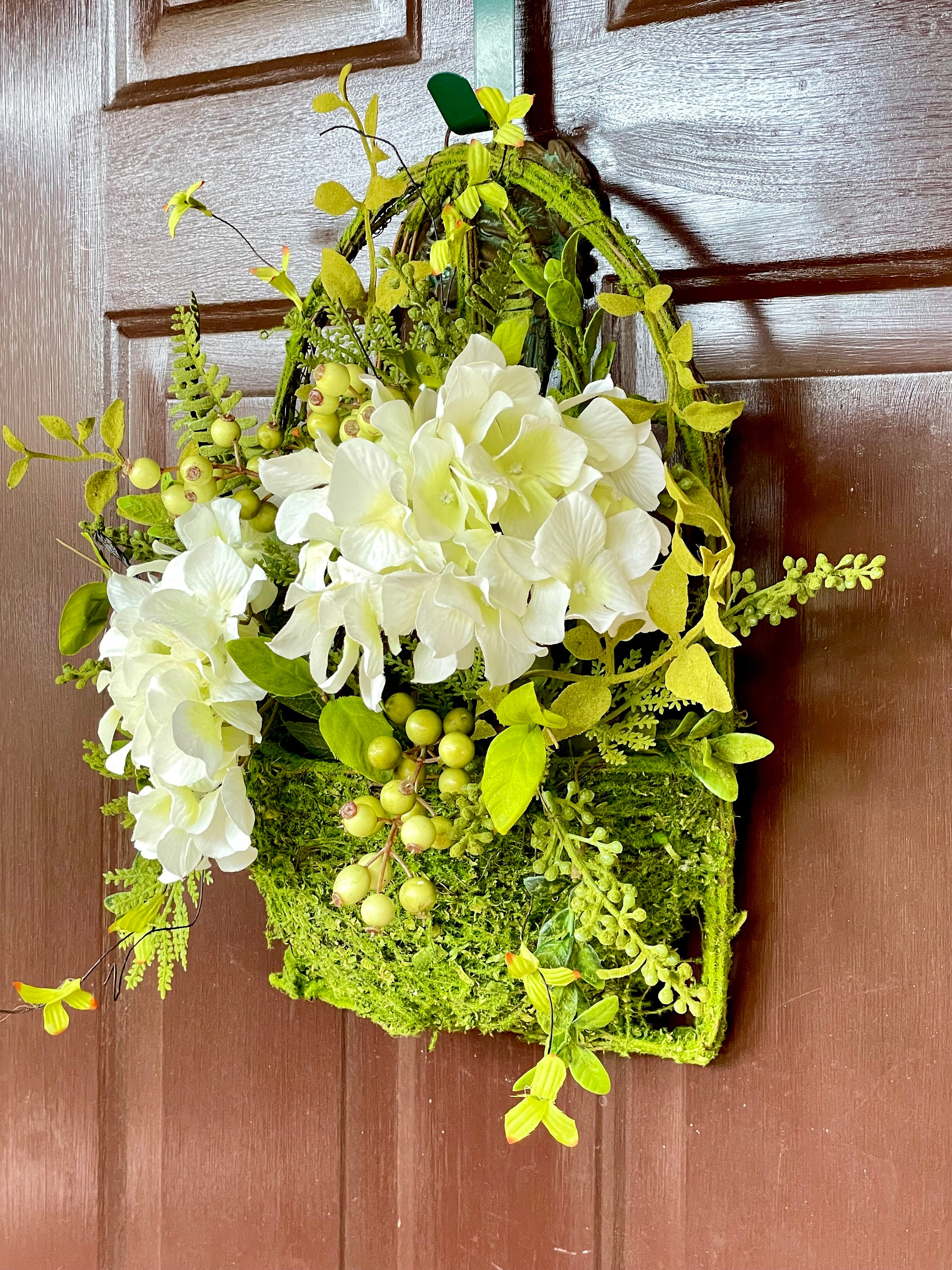 Hanging Door Basket With Hydrangeas, Moss Basket Wreath for Front Door ...