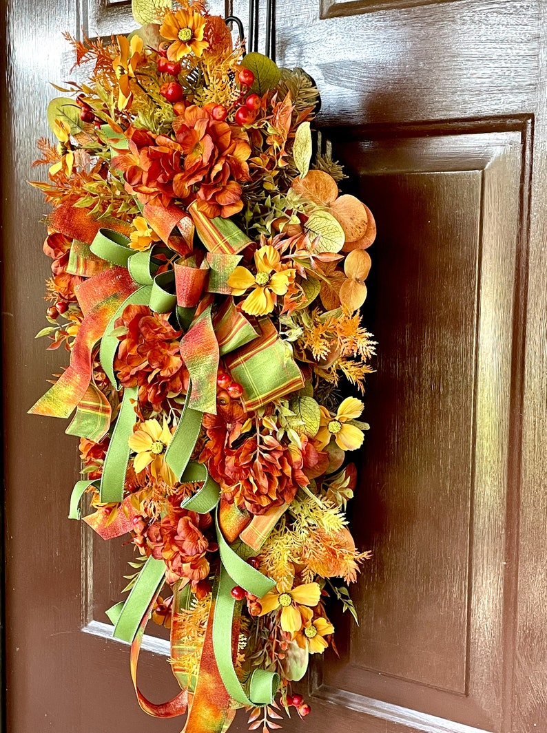 Fall Swag for Front Door With Hydrangeas, Floral Teardrop Swag in ...