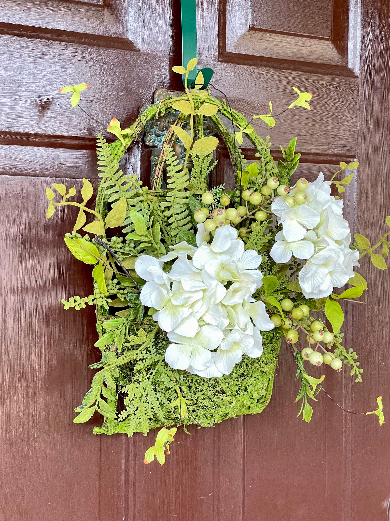Hanging Door Basket With Hydrangeas, Moss Basket Wreath for Front Door ...