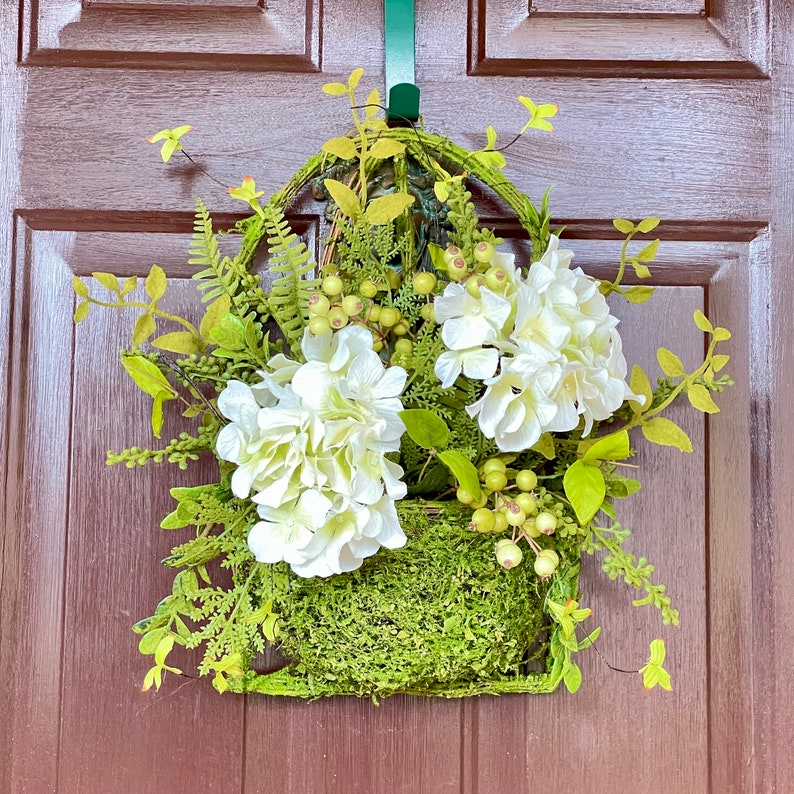Hanging Door Basket With Hydrangeas, Moss Basket Wreath for Front Door ...