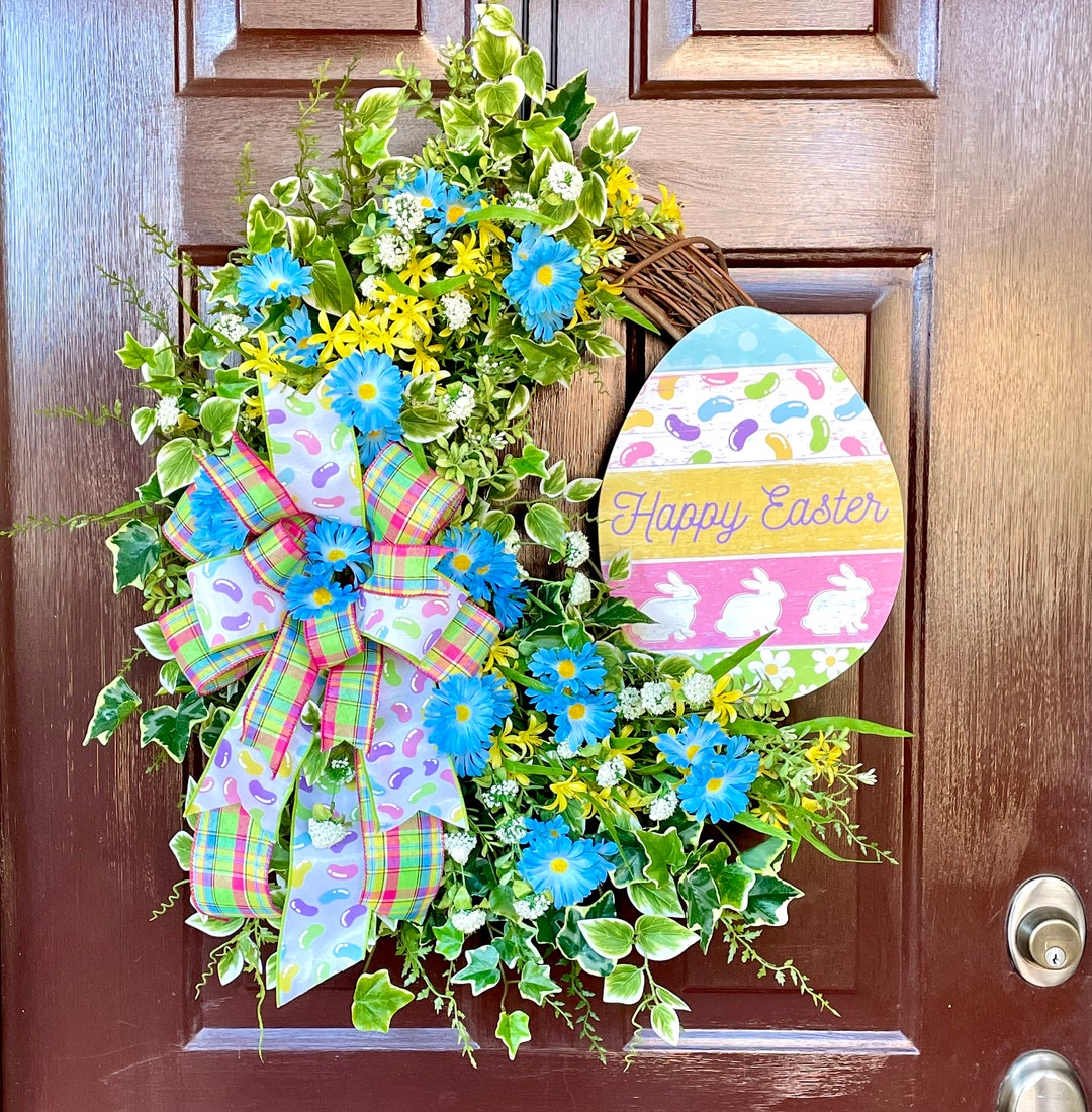 Easter Wreath for Front Door With Spring Flowers, Easter Egg Bunny ...