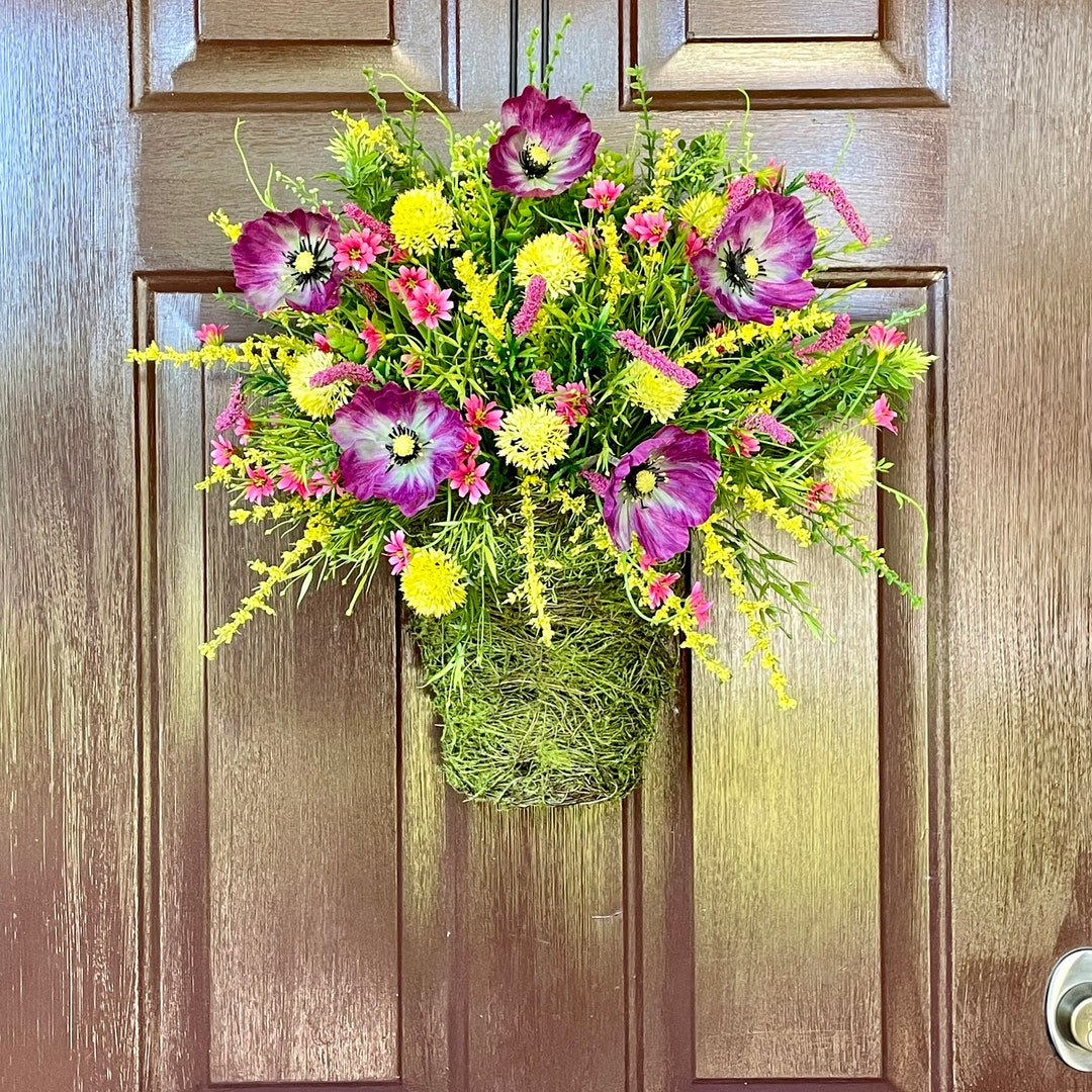 Summer and Spring Door Basket, Moss Basket Wreath, Front Porch Floral ...