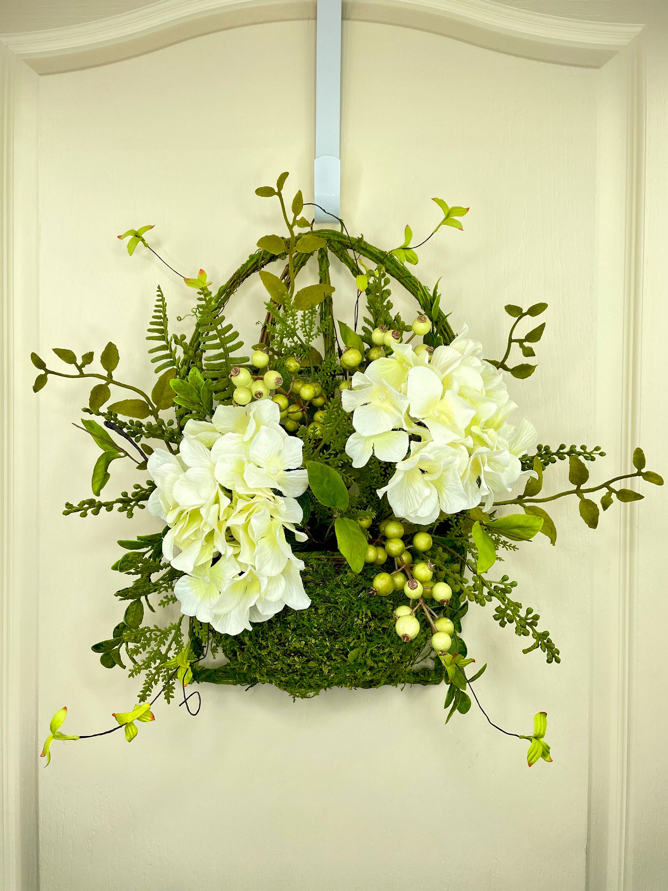 Hanging Door Basket With Hydrangeas, Moss Basket Wreath for Front Door ...