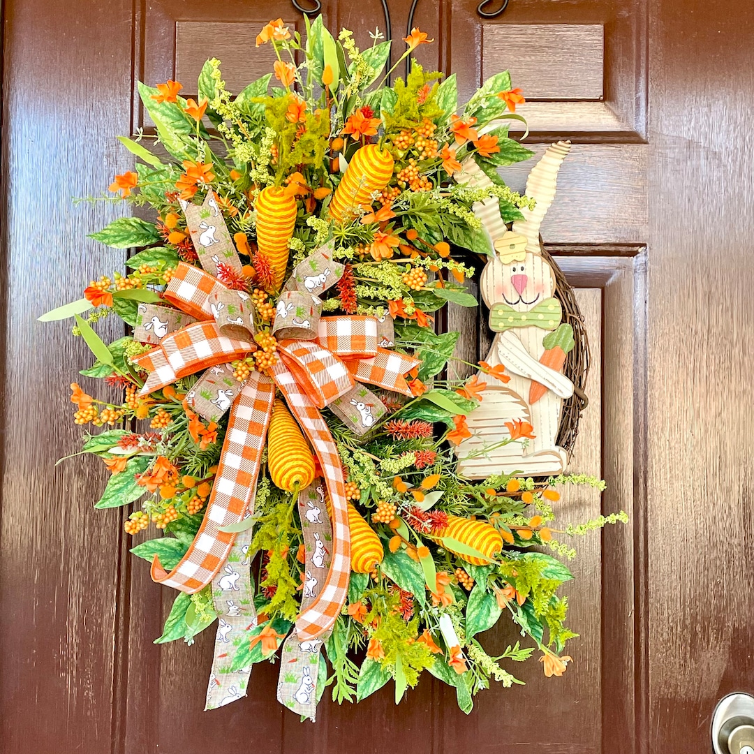 Easter Wreath for Front Door With Bunny and Carrots, Outdoor Easter ...