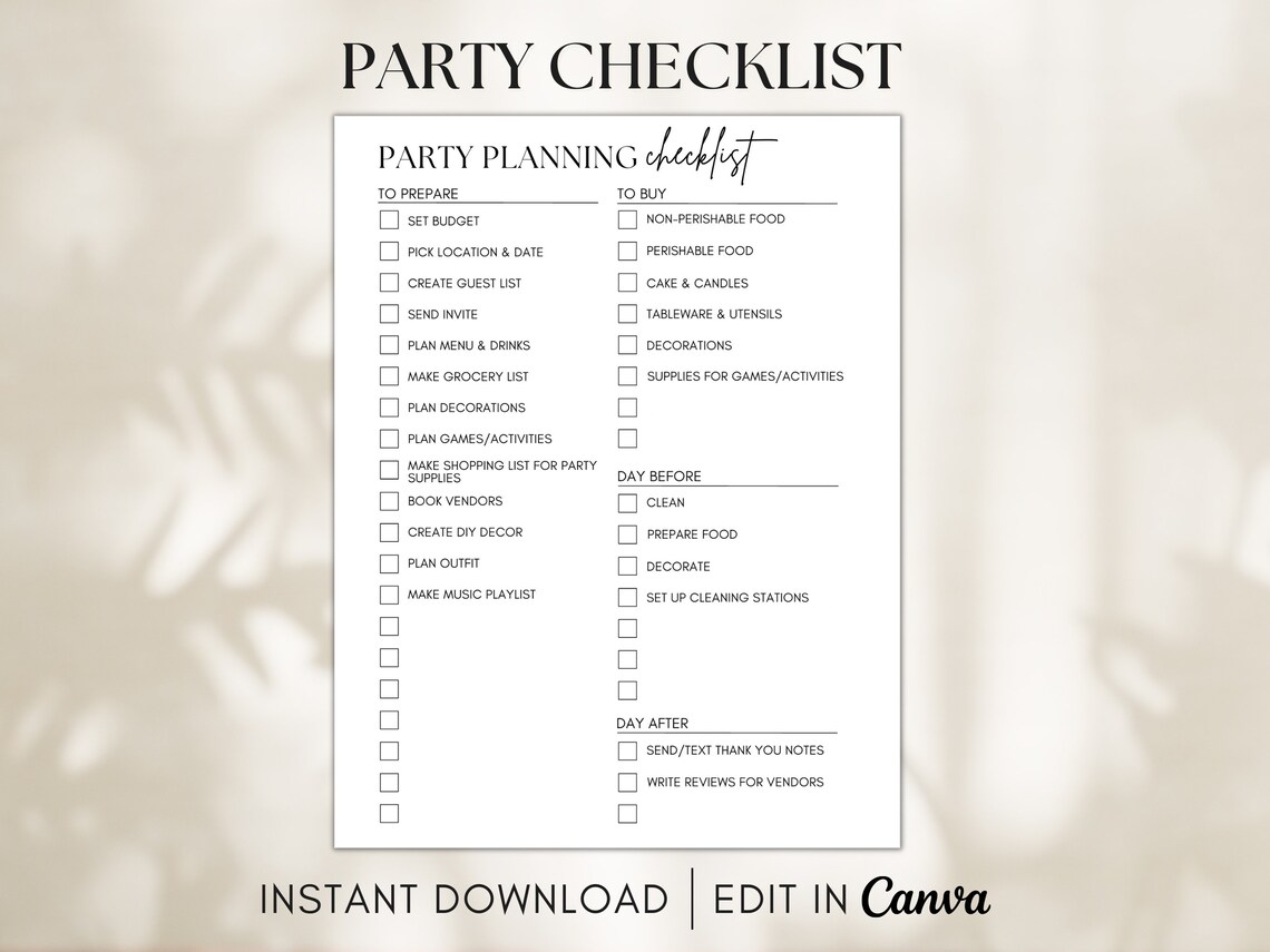 Party Checklist Printable Birthday Party Checklist Template - Etsy ...