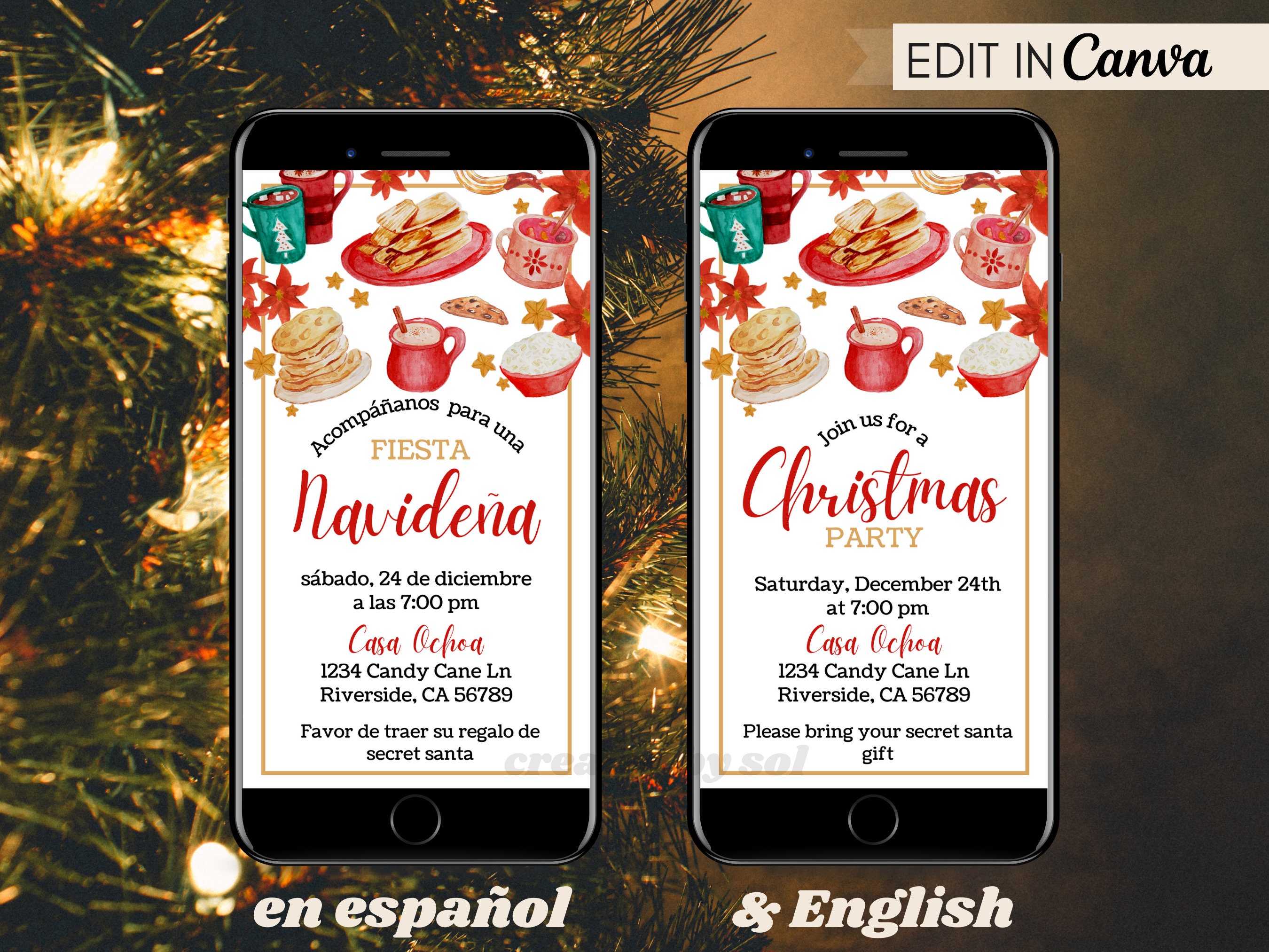 Spanish Christmas Party Invitation, Invitacion Digital Fiesta De Navidad Navideña, Bilingual ...
