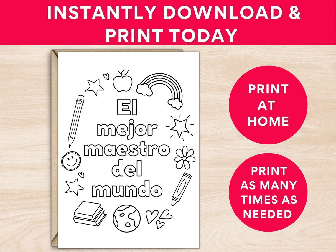 Spanish Printable Teacher Appreciation Gift Coloring Card, Colorable ...