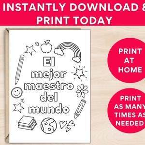 Spanish Printable Teacher Appreciation Gift Coloring Card, Colorable ...