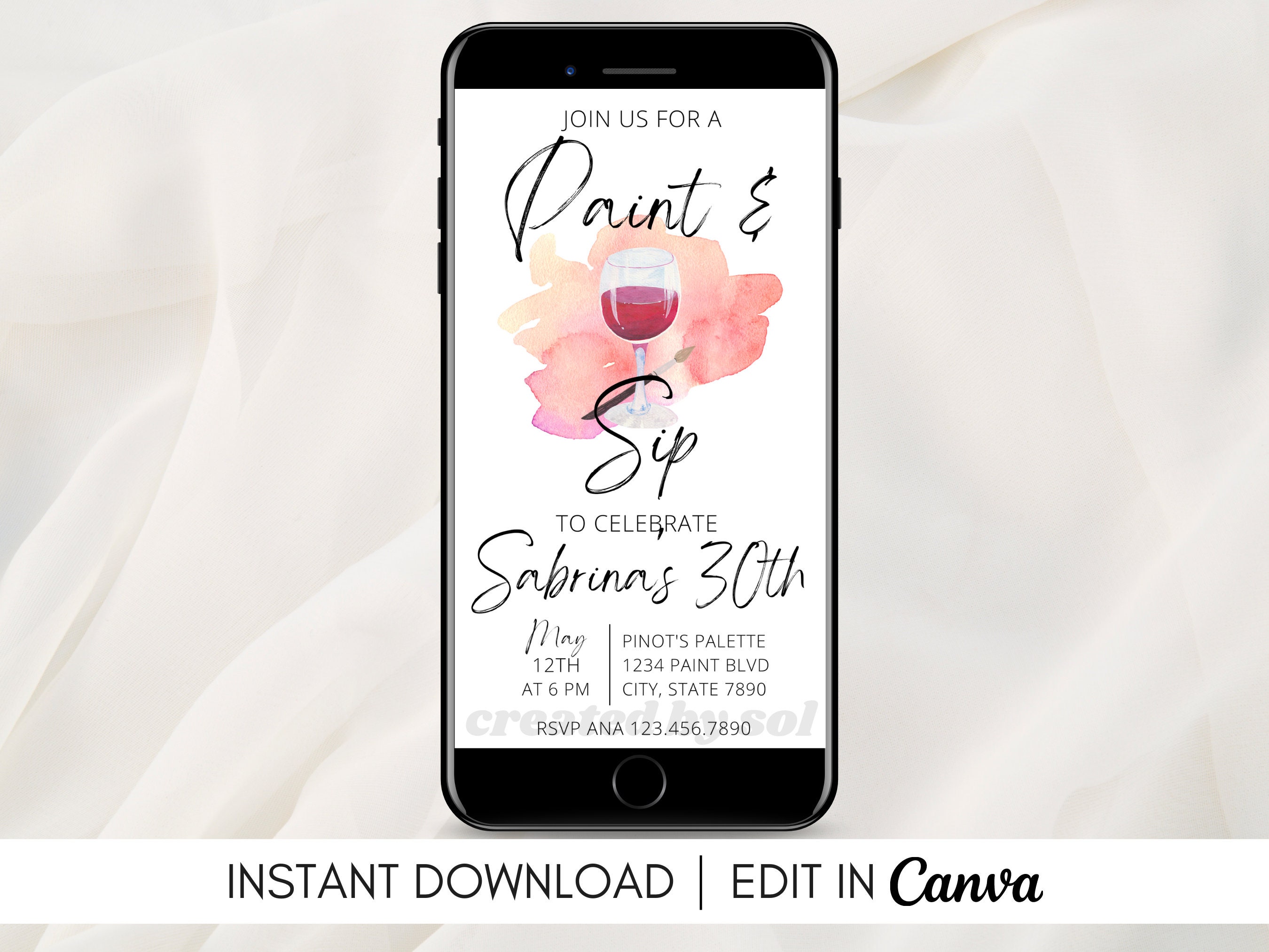 Paint and Sip Invitation Template, Paint Night Birthday Party, Instant ...