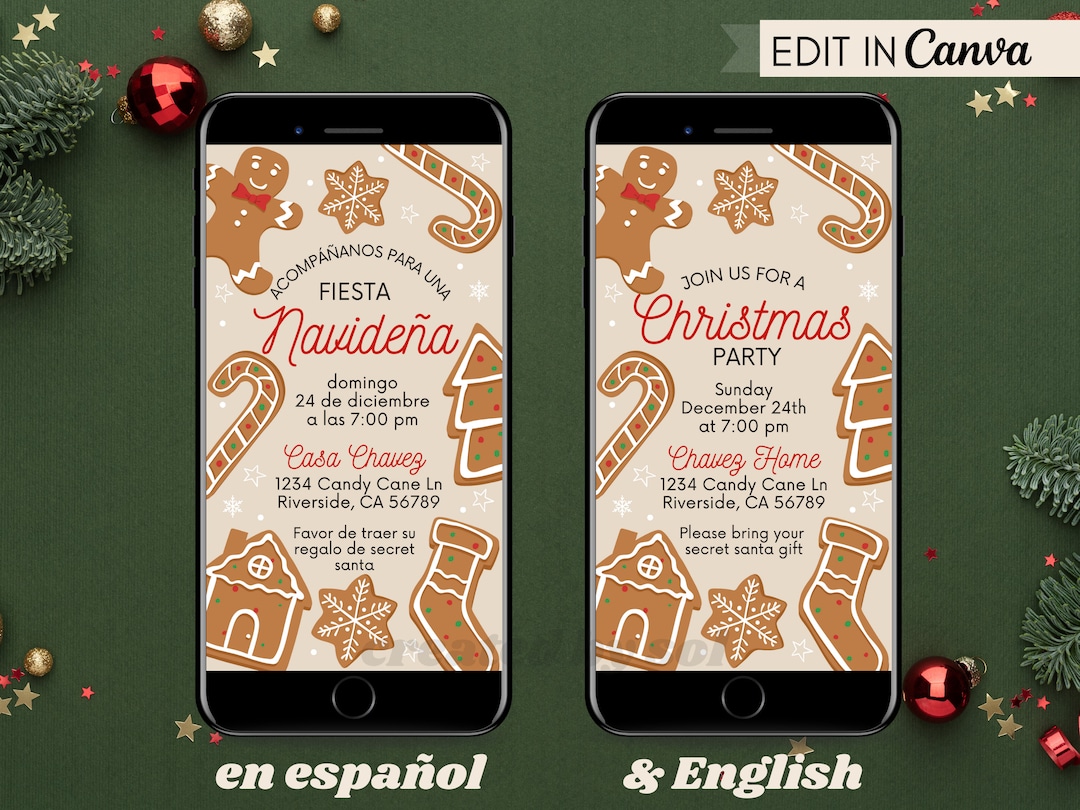 Spanish Christmas Party Invitation, Invitacion Digital Fiesta De Navidad Navideña, Bilingual ...