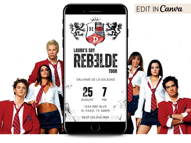 Rebelde Birthday Party Invitation, RBD Party Invite, RBD Tour 2023, Invitación De Rebelde De ...