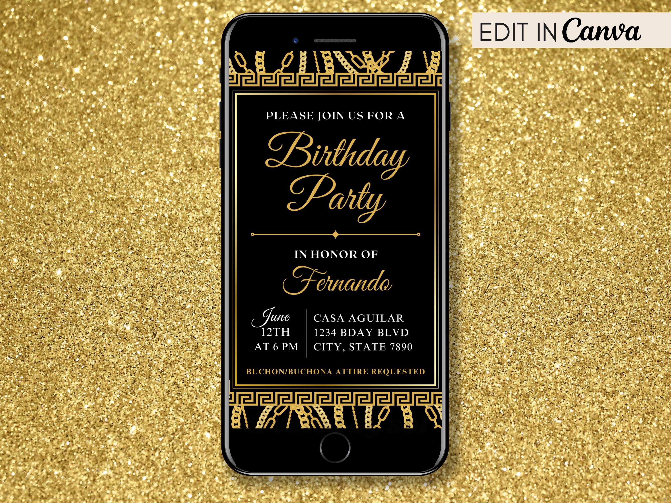 Buchon Birthday, Buchona Party Theme Invite, Belico Belica Party, Gold ...