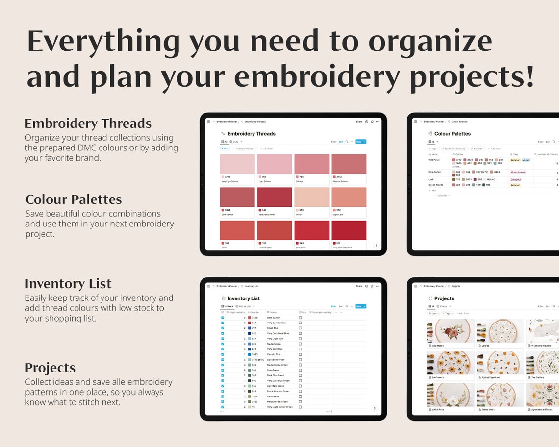 Embroidery Planner NOTION TEMPLATE Dmc Color Chart and - Etsy