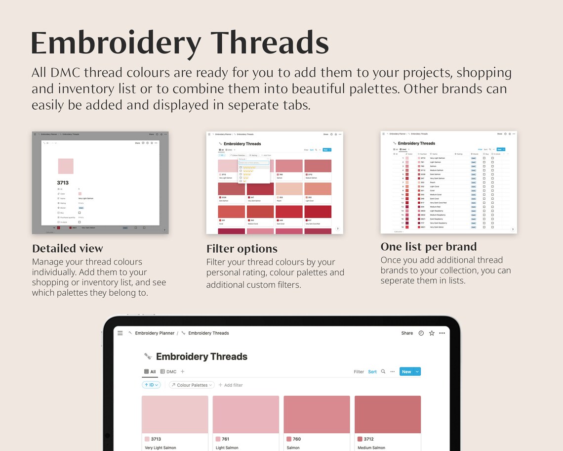 Embroidery Planner NOTION TEMPLATE - Dmc Color Chart and Checklist ...