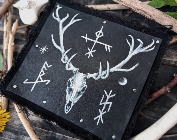 Deer STAG SKULL Patch With Bind Runes, Anatomy, Bones, Hand Painted ...