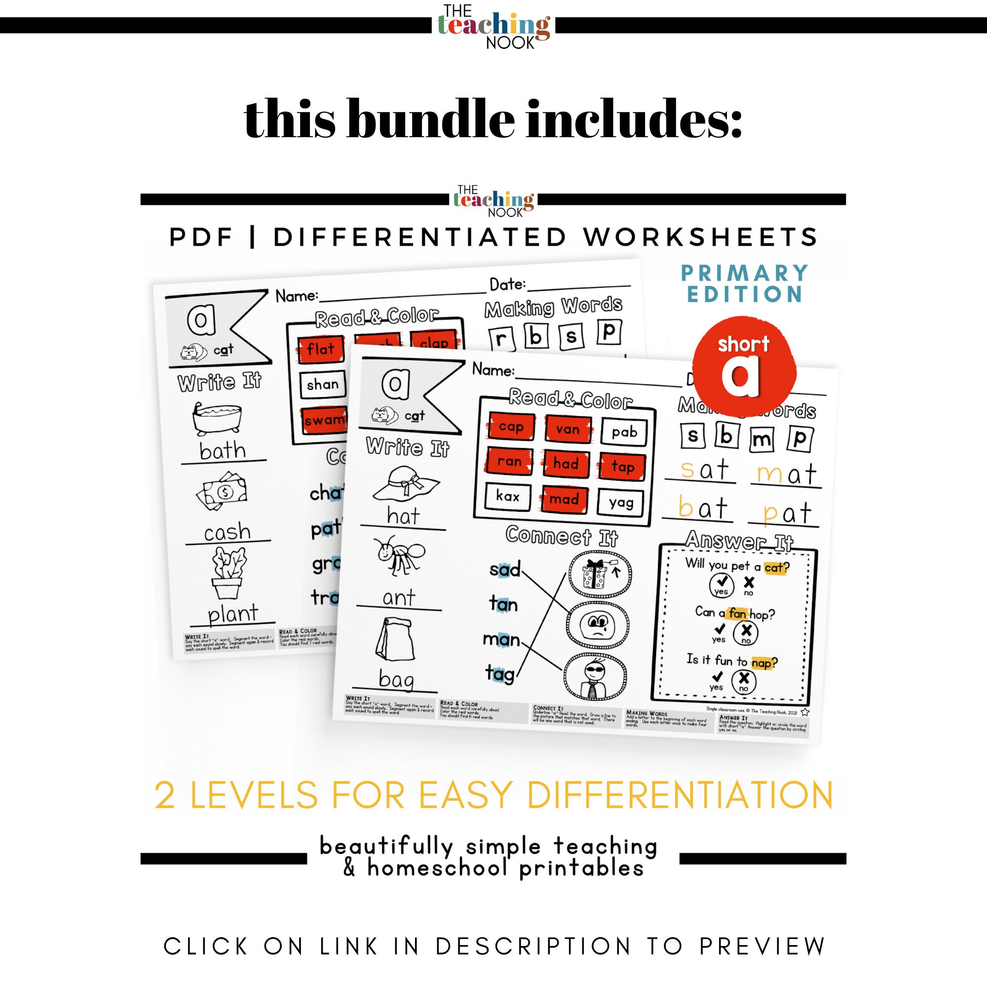 Short & Long A Bundle Primary Differentiated Worksheets Activities ...