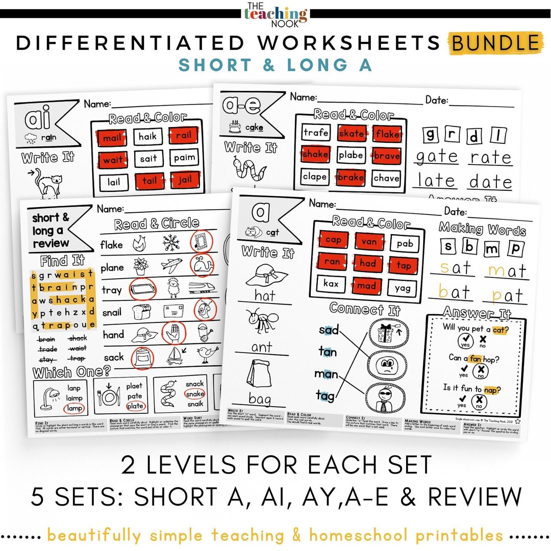 Short & Long A Bundle Primary Differentiated Worksheets | Activities ...