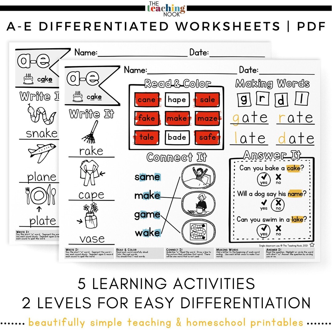 A-E Silent E Primary Differentiated Worksheets & Activities ...