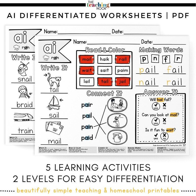 AI Primary Differentiated Worksheets & Activities Homeschool Resources ...