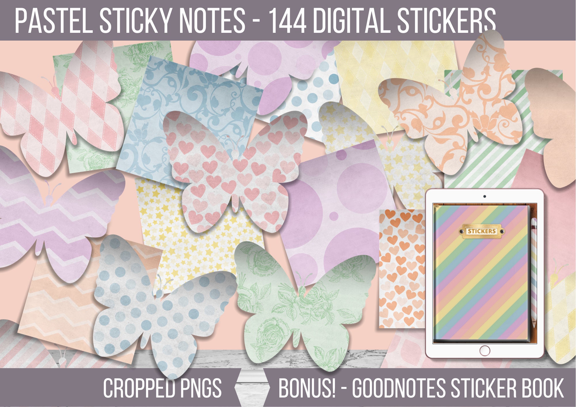 144 Digital PASTEL Butterfly STICKY NOTES Digital Planner | Etsy