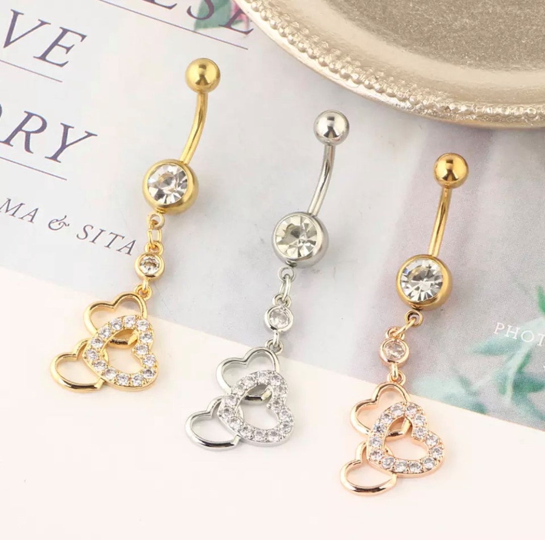 Triple Heart Dangle Design Crystal Navel Ring 316L Surgical - Etsy