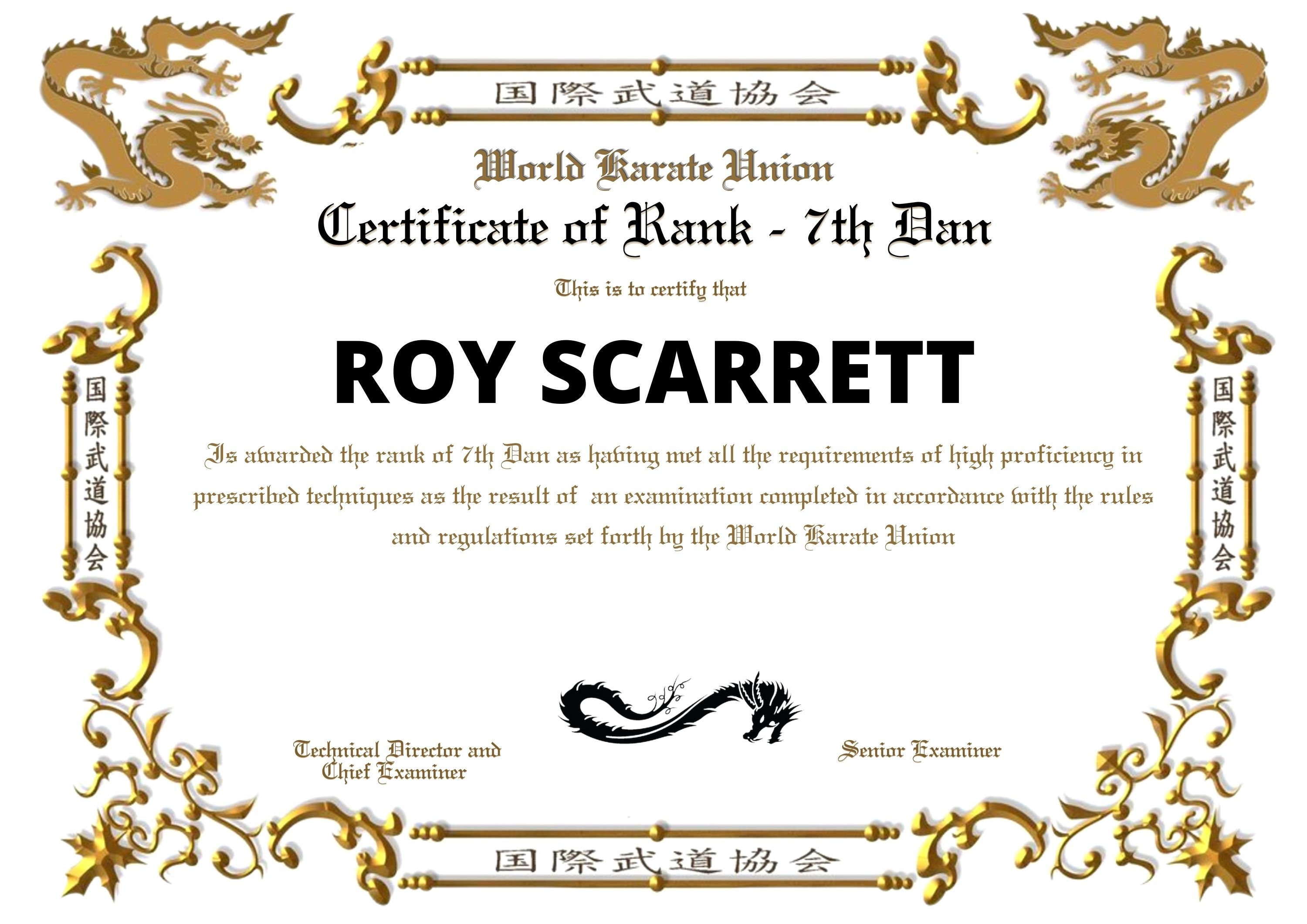 Martial Arts Certificate KARATE 7th Dan Certificate World Karate Union ...