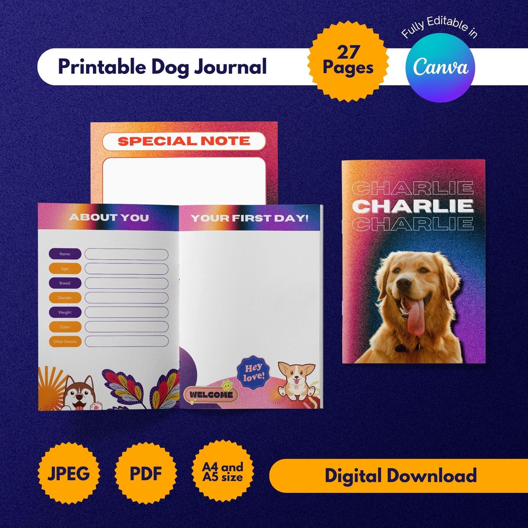 Dog Journal, Printable Dog Journal, Dog Diary, Pet Journal, Pet Memory ...
