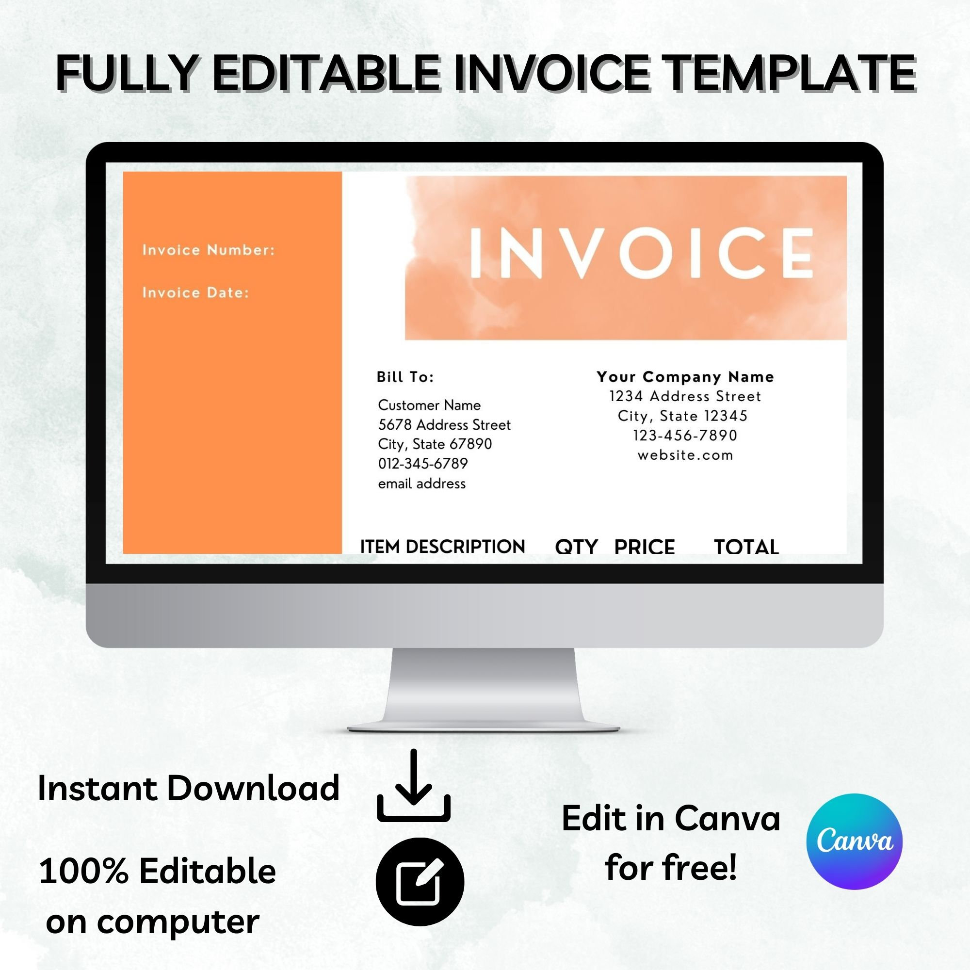 Watercolor Editable Invoice Template Instant Download Modern - Etsy