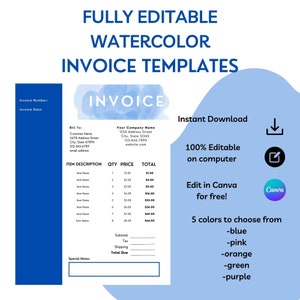 Watercolor Editable Invoice Template Instant Download Modern - Etsy