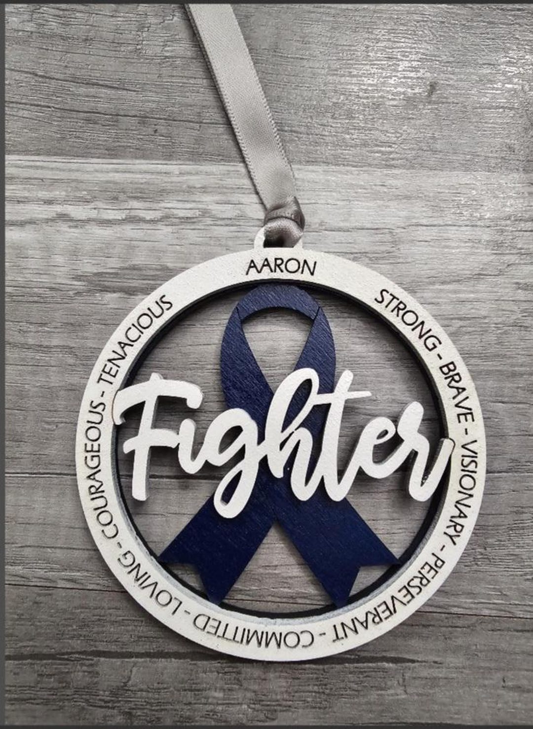 Colon Cancer Fighter Ornament: Blue Ribbon, Handmade Wood, Colorectal ...
