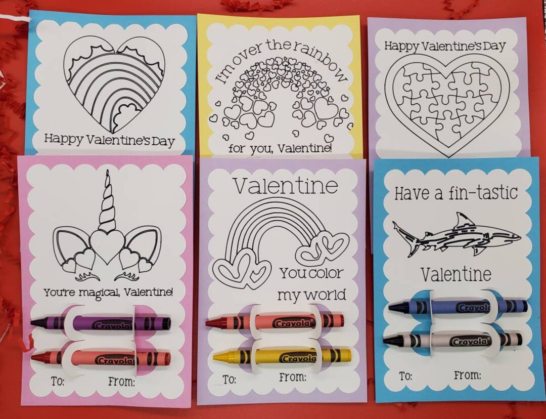 Coloring Valentine Cards: Unicorn, Rainbow, Shark - Set of 6 - Etsy