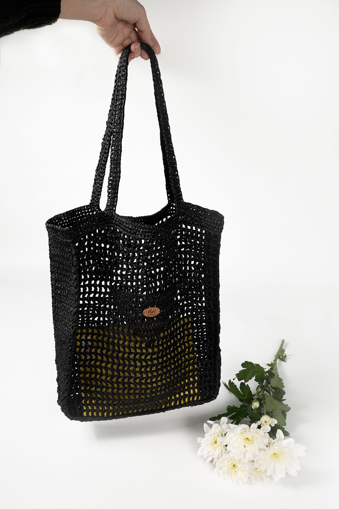 Crochet Raffia Shoulder Bag Black Raffia Bag - Etsy