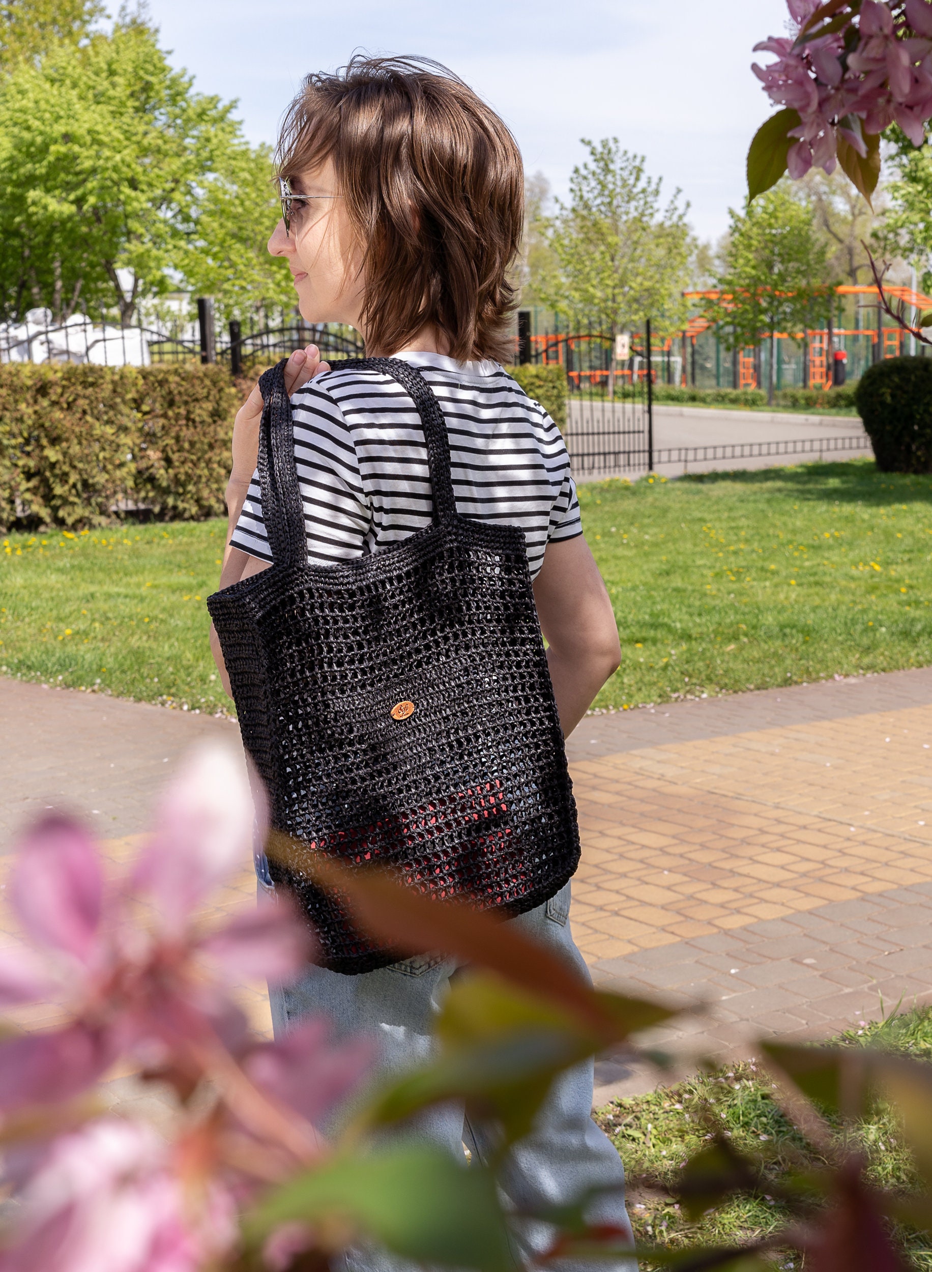 Crochet Raffia Shoulder Bag Black Raffia Bag - Etsy