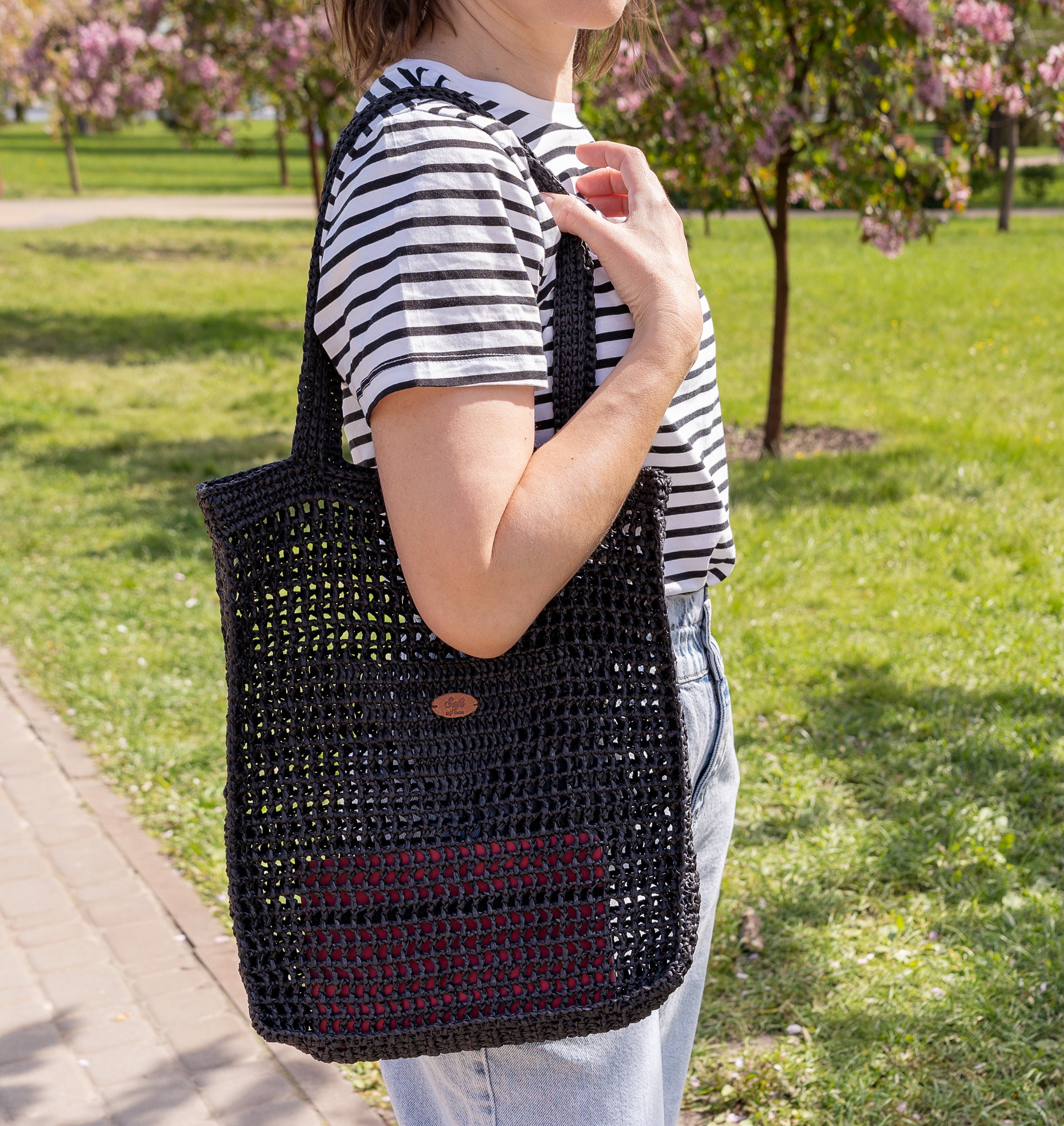 Crochet Raffia Shoulder Bag Black Raffia Bag - Etsy