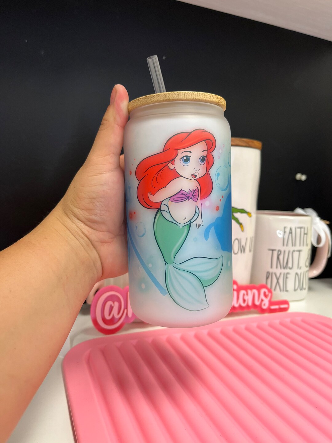 Ariel Frosted Glass Can, Princess Ariel Glass Can, Little Mermaid Glass ...