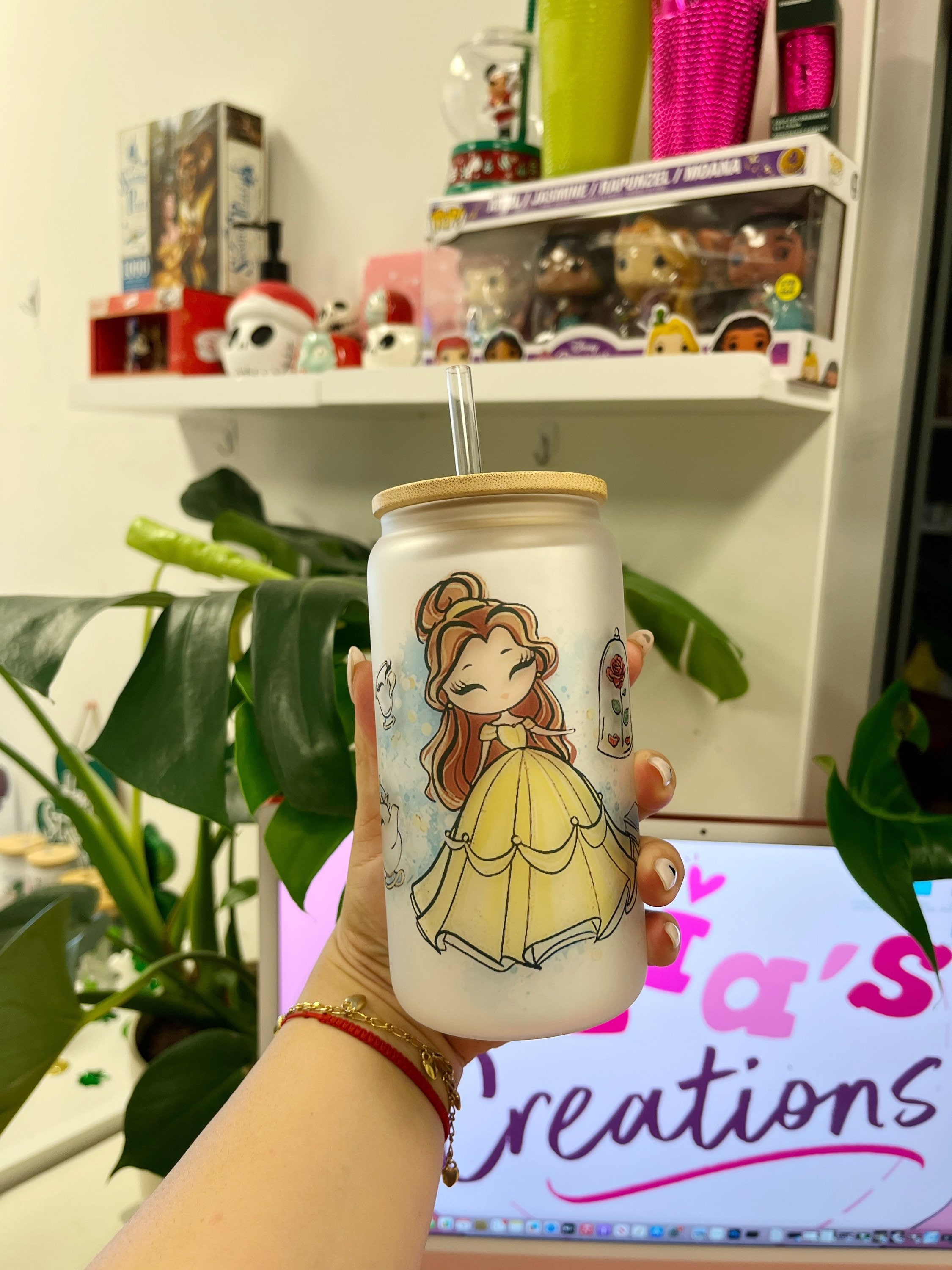 Belle Frosted glass can, Princess Belle glass can, Disney Princess ...