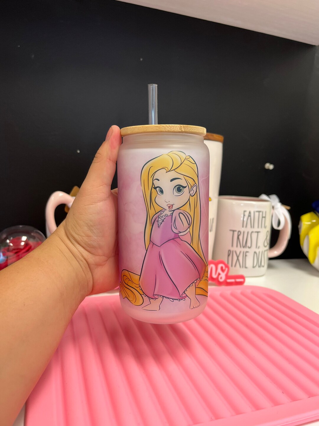 Rapunzel Frosted Glass Can, Princess Glass Can, Custom Glass Can - Etsy