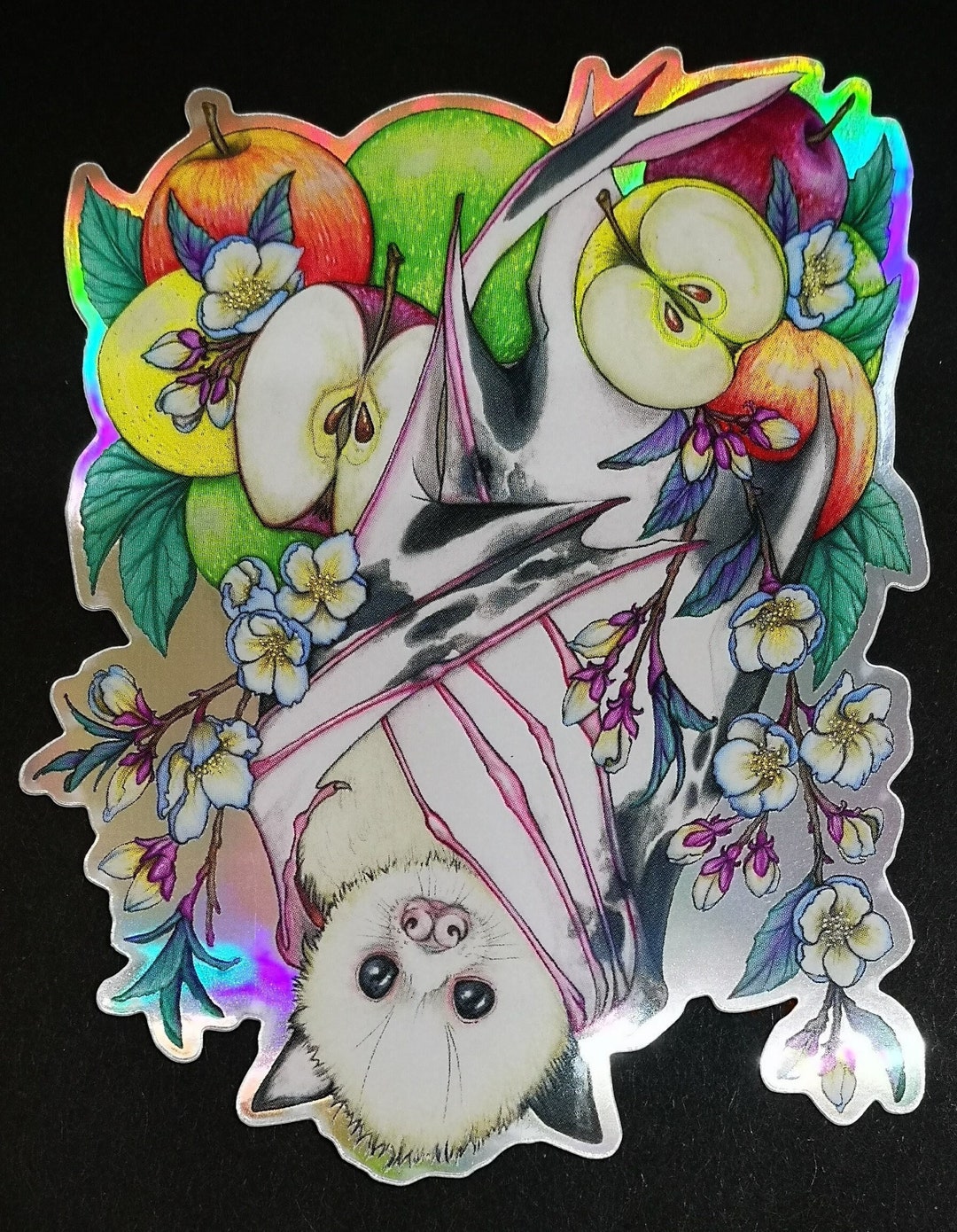 Fruit Bat Sticker, Vinyl Die-cut, Shiney, Cute Bat With Apples and ...
