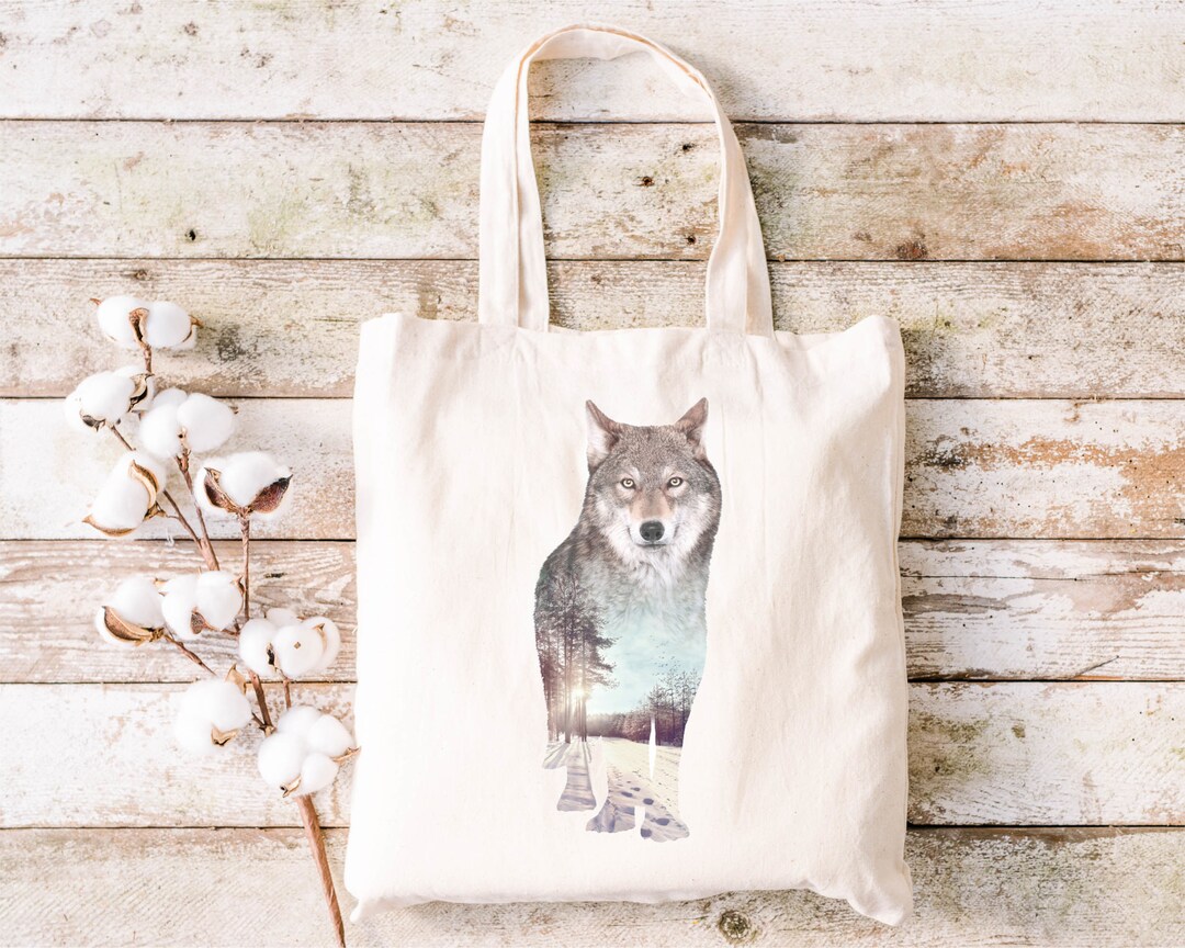 Double Exposure Wolf Tote Bag * Wolf Canvas Tote * Animal Graphic Beach ...