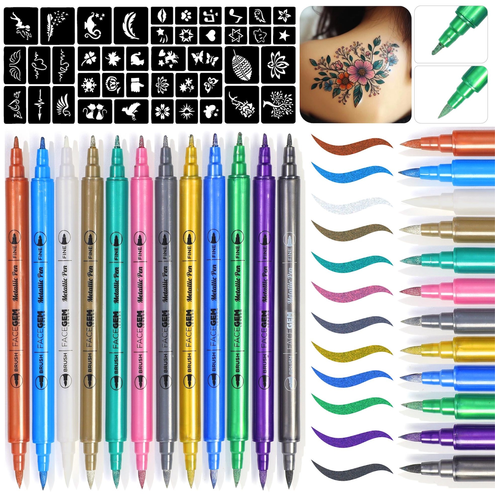 12 Metallic Temporary Tattoo Markers – Dual-tip Body Art Pens for Skin ...