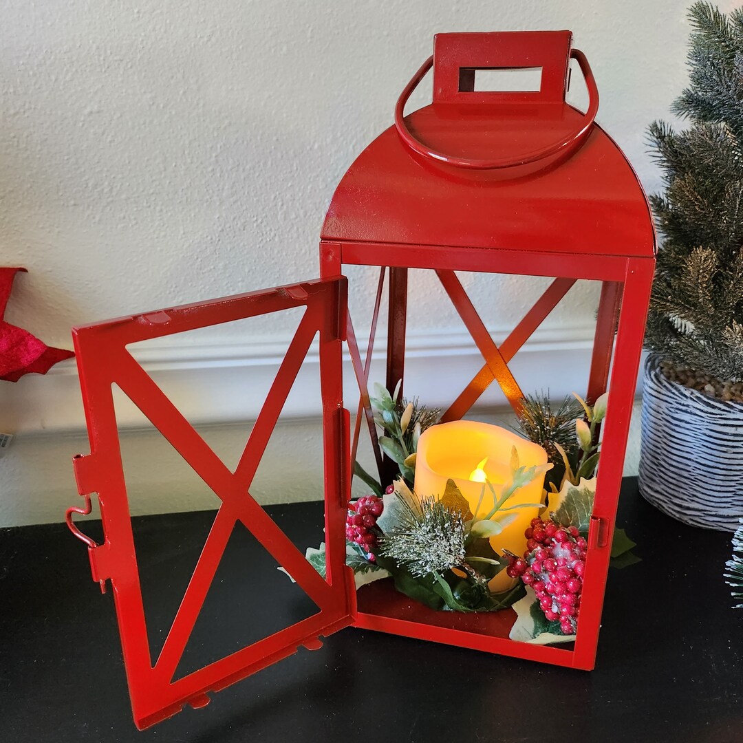 Red Christmas Lantern With Flameless Candle - Etsy