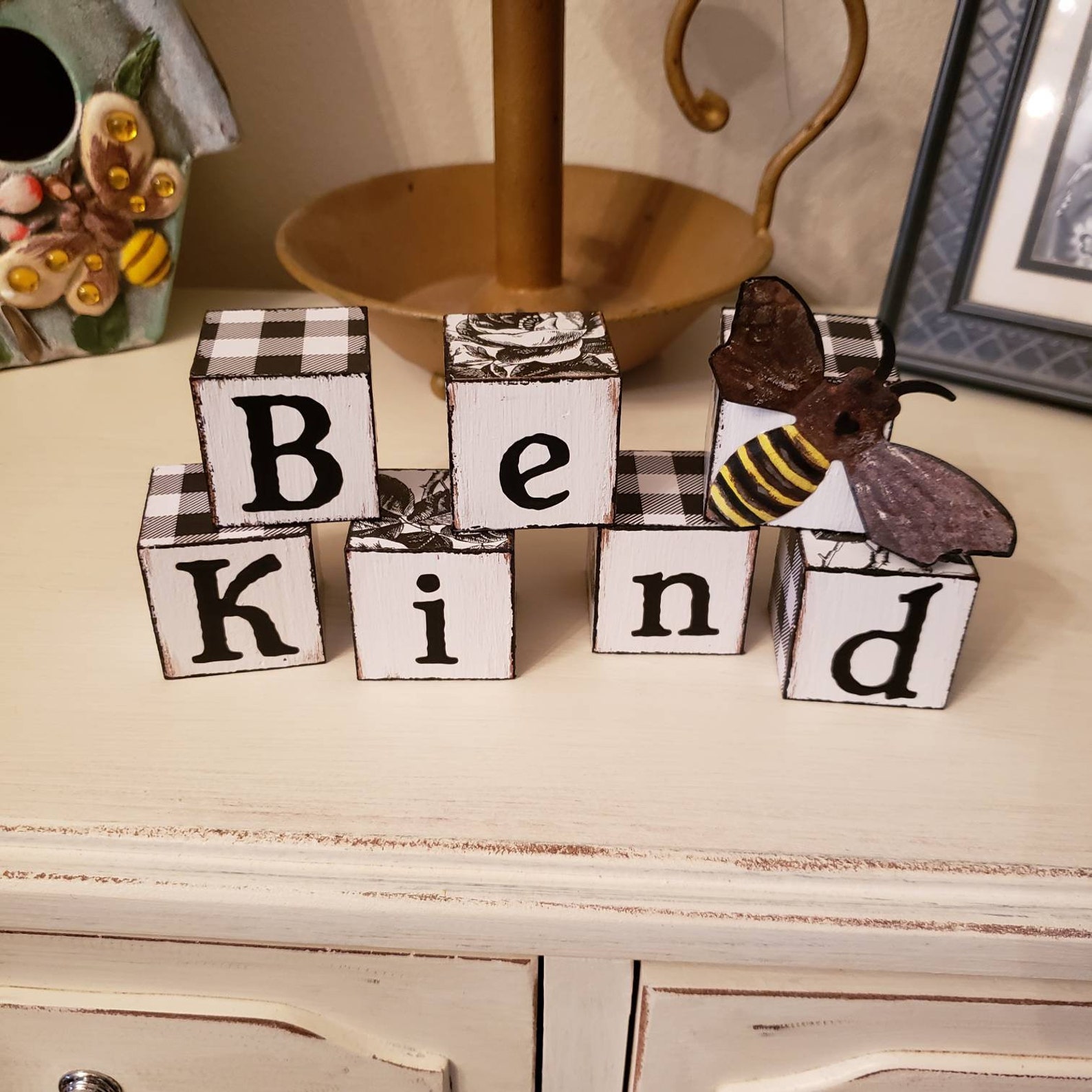 Be Kind Wood Blocks Set With Rusted Metal Bumble Bee - Etsy