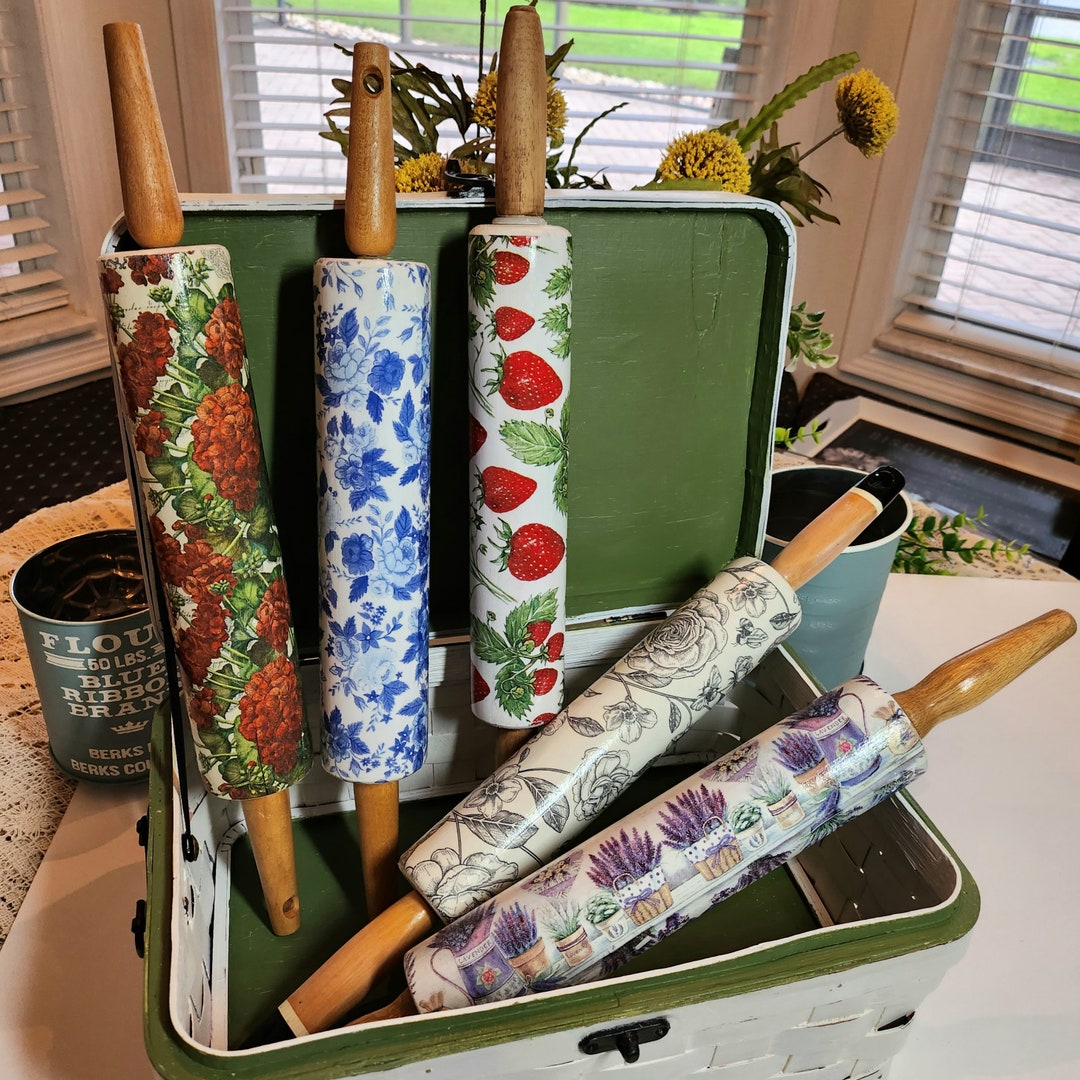 Vintage Style Rolling Pin Solid Wood Floral Fruit Designs Cottage ...